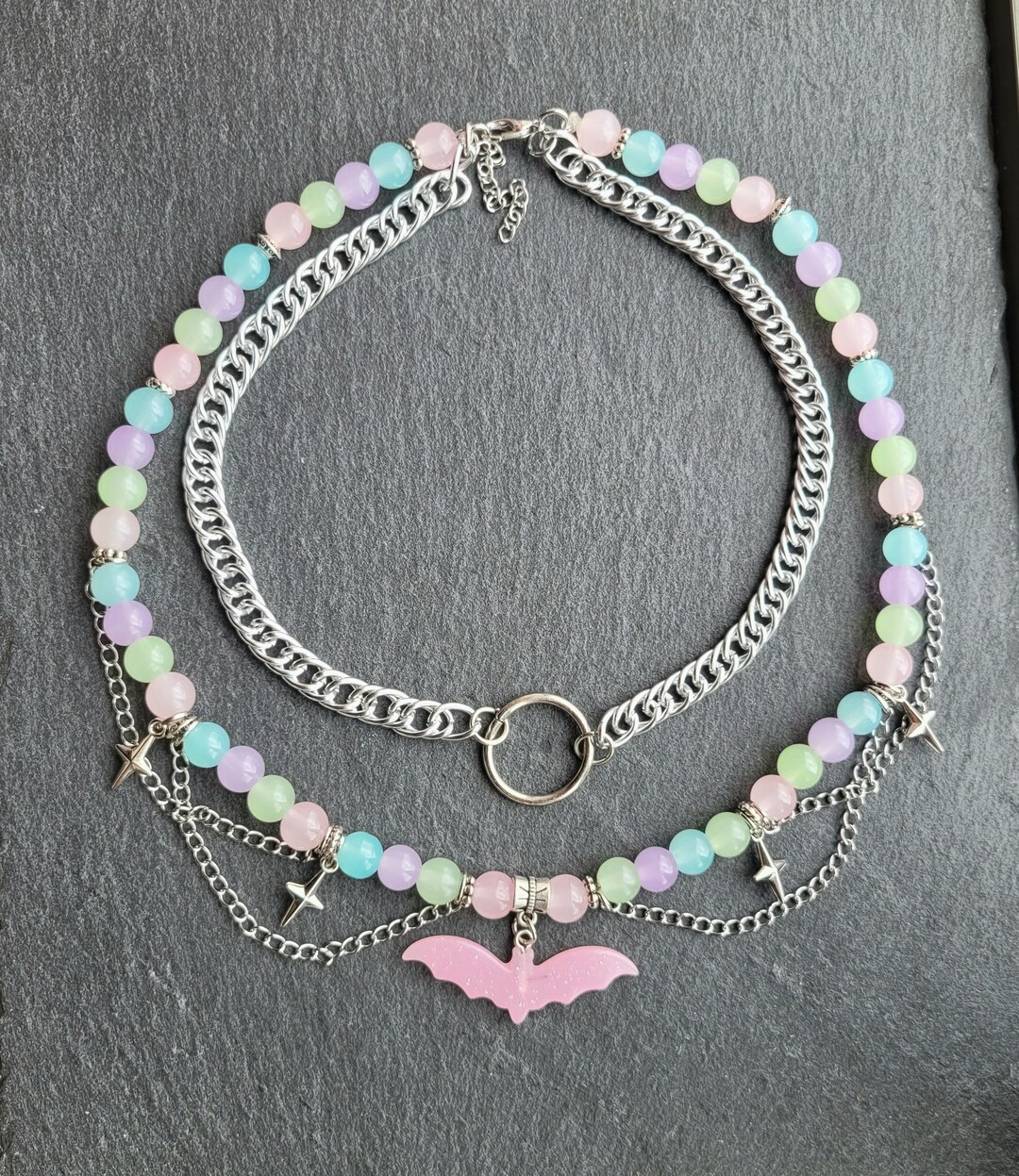 Pastel Goth Layered Chain Link Bat Choker Adjustable Ring Necklace - Etsy