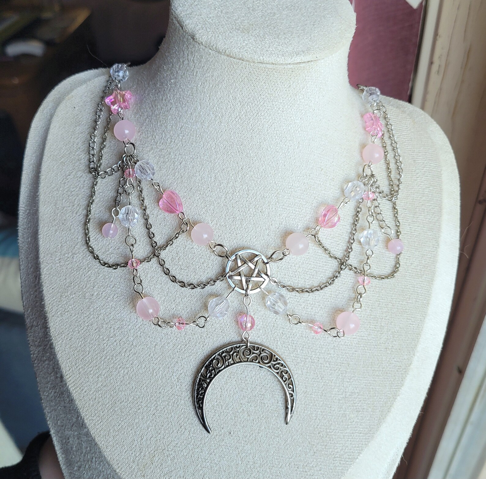 Pink Upside Down Pentagram Baphomet Pastel Goth Moon Silver Chain ...