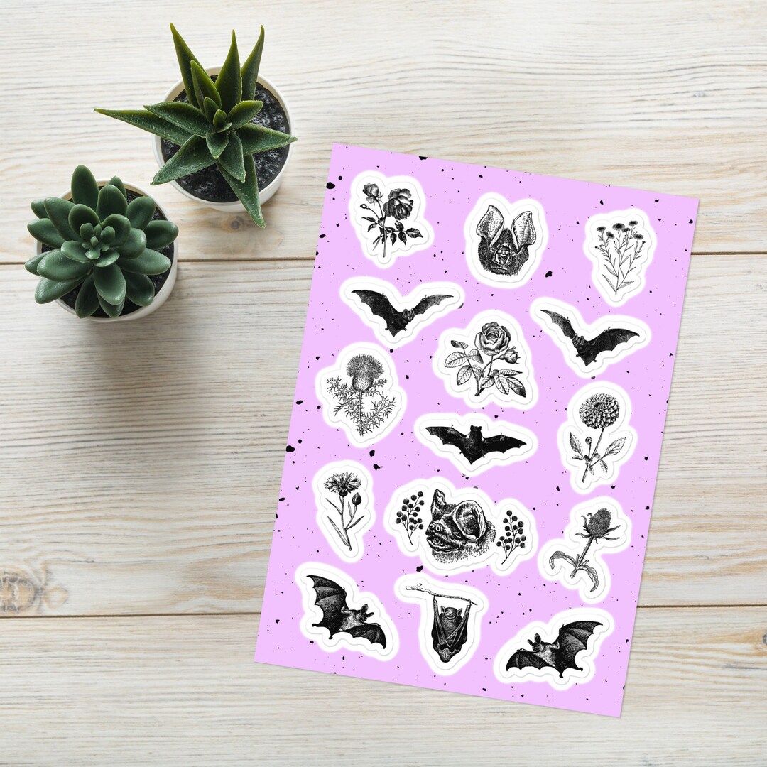 BAT FLORAL Sticker Sheet Cute Bats and Wild Flowers / Flower Bat Print ...