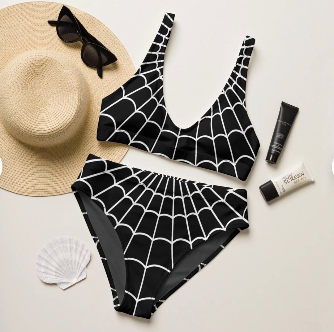 SPIDER Web BIKINI, Black and White Spider Noir Swimsuit, Recycled High ...