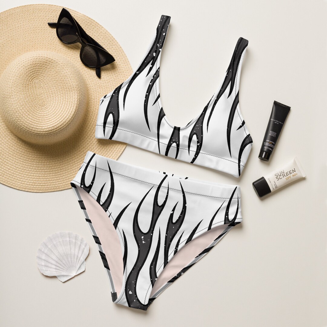 Black And White Flame Recycled High Waisted Bikini Flaming Hot Fire Bikini Etsy