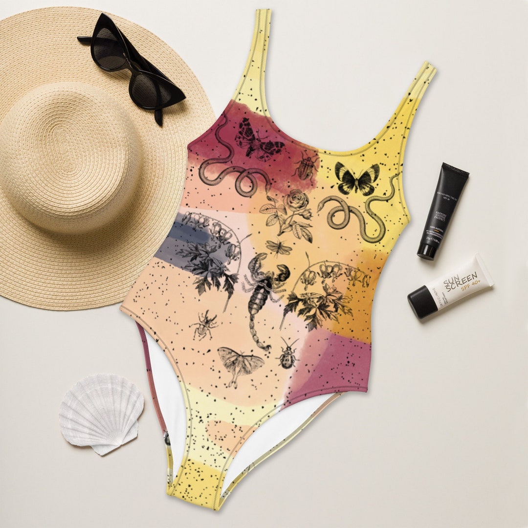 FLORAL Snake Swimsuit, BUTTERFLY Moth, One-piece Swimming Suit Scorpion ...