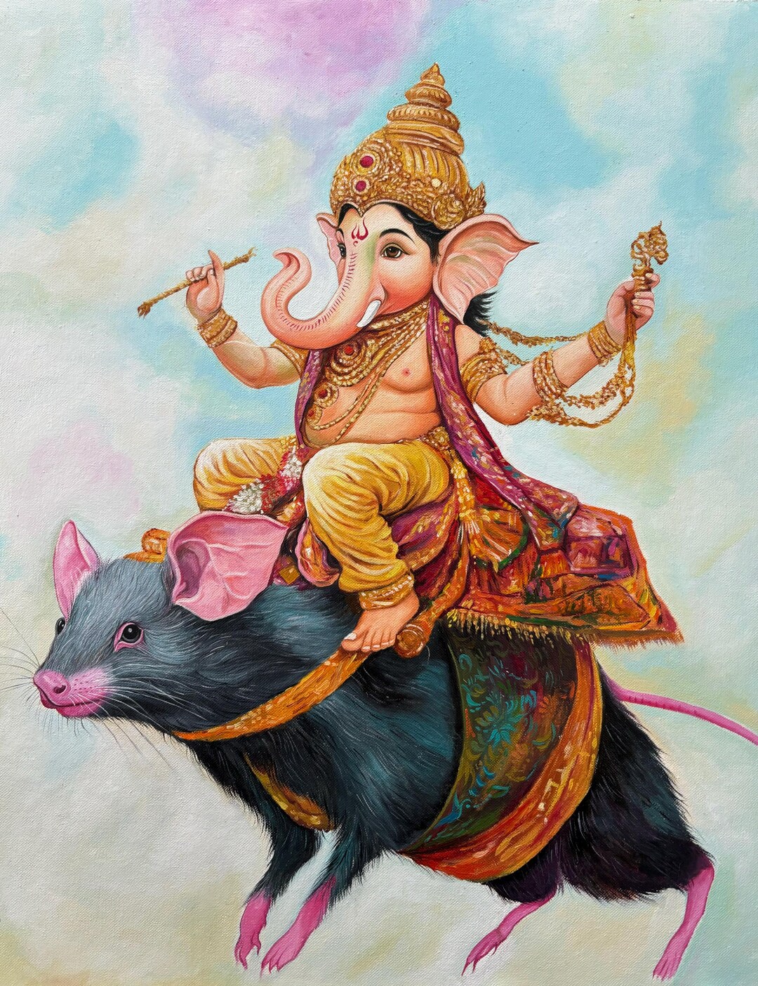 Large Ganpati Mushak Oil Painting on Canvas, Hindu God Ganesha Wall Art ...