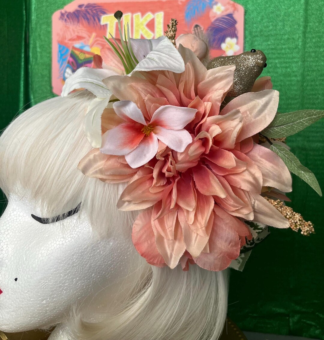 Spring Time Peach Pinup Tiki Hair Flower Clip With Feather Bird - Etsy