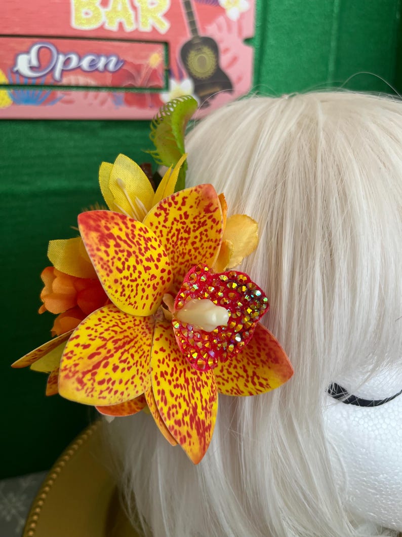 Yellow Double Orchid Hair Flower Clip: Rhinestone Tiki Flower With ...