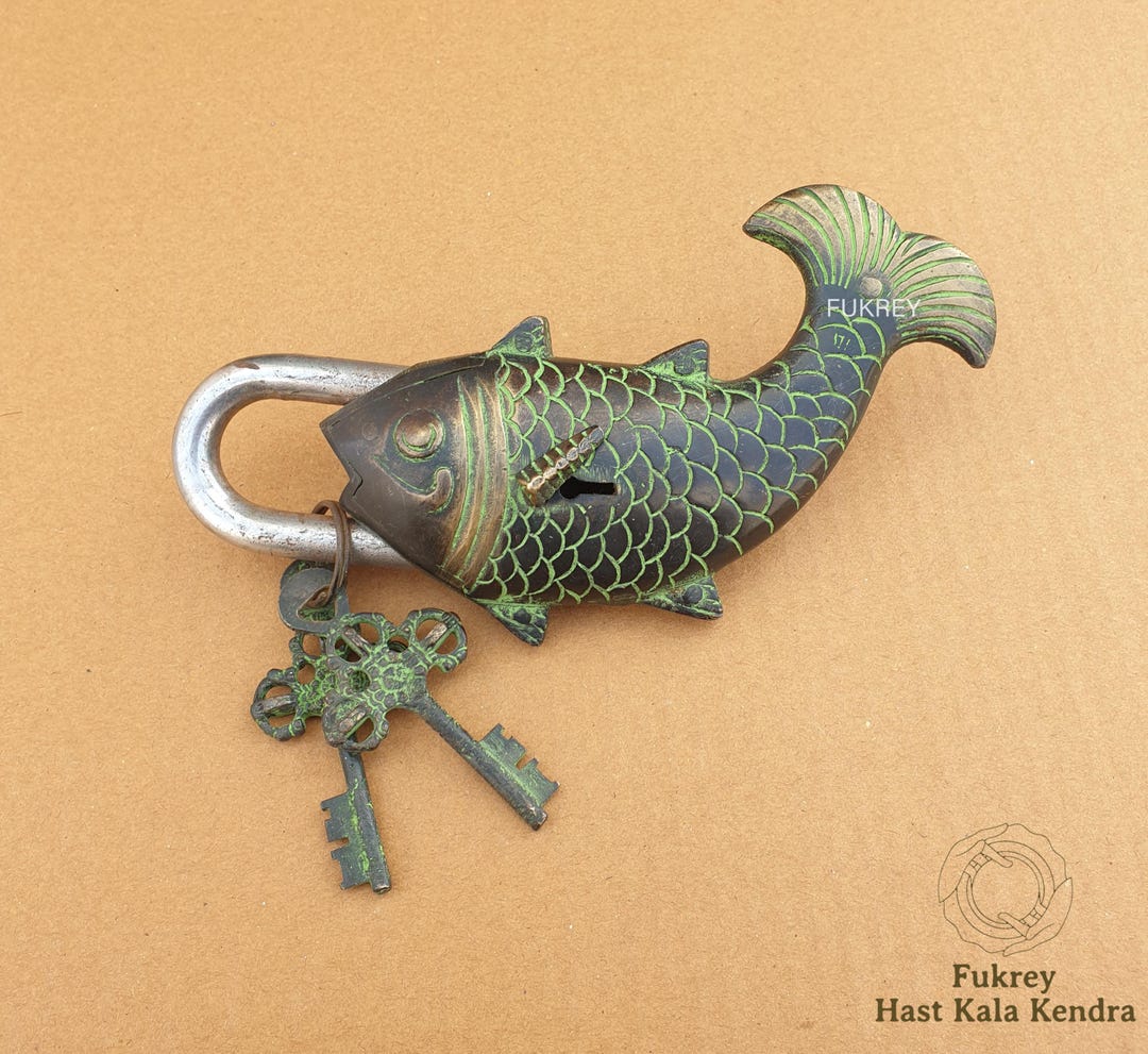 Antique Brass Fish Puzzle Padlock With Keys, Handcrafted Functional ...