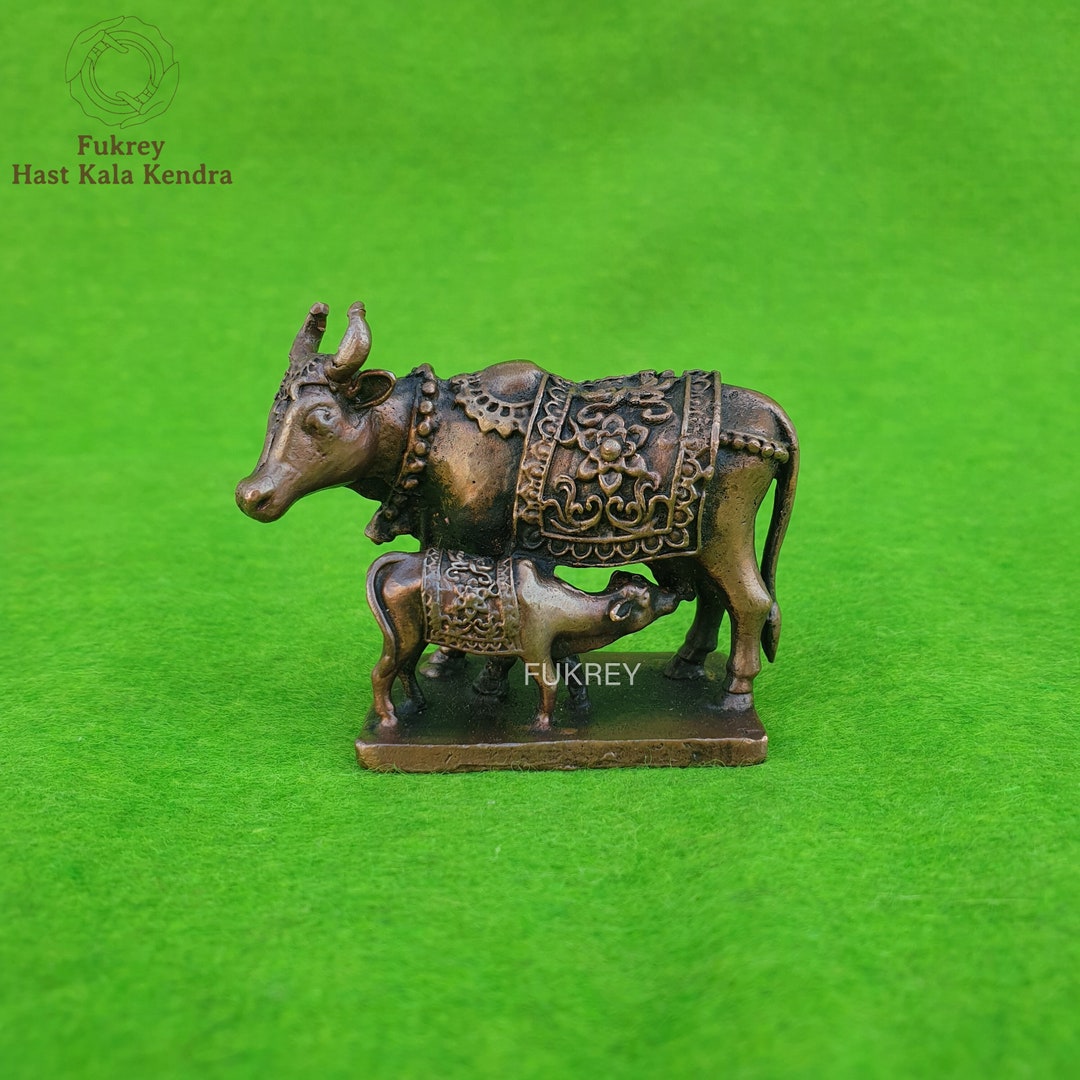 Small Kamdhenu Cow Calf Statue in Copper Metal, 2.25" Inch Cow and Calf ...