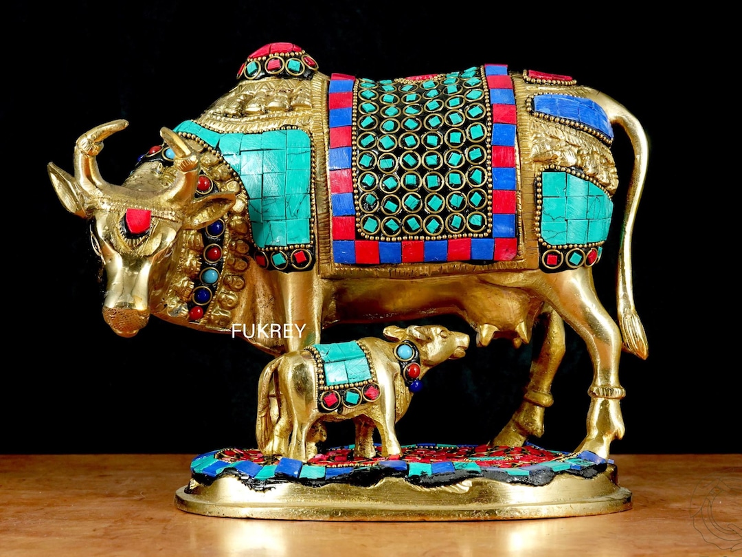 8" Brass Kamdhenu Cow With Calf Statue Stonework, Holy Cow Idol ...