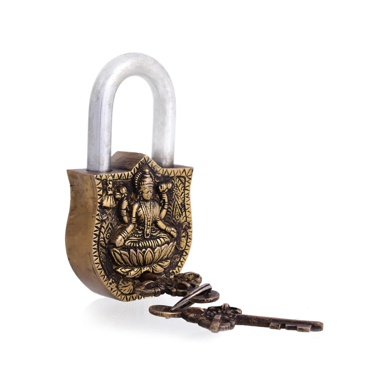 Brass Goddess Laxmi Design Padlock With Keys, Handcrafted Functional Unique Lock, Hardware ...