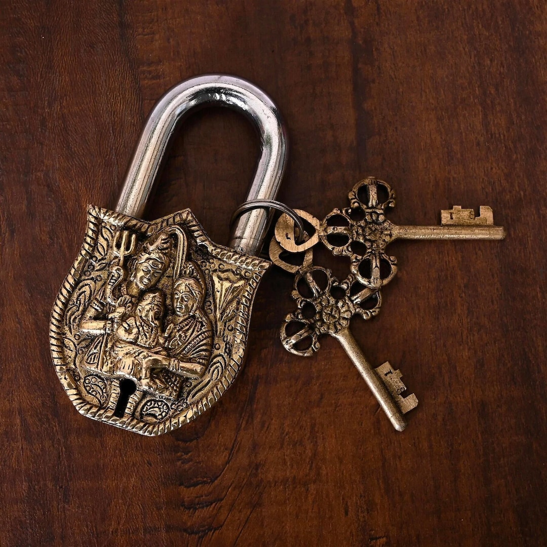 Brass Shiva Family Design Padlock With Keys, Handcrafted Functional ...
