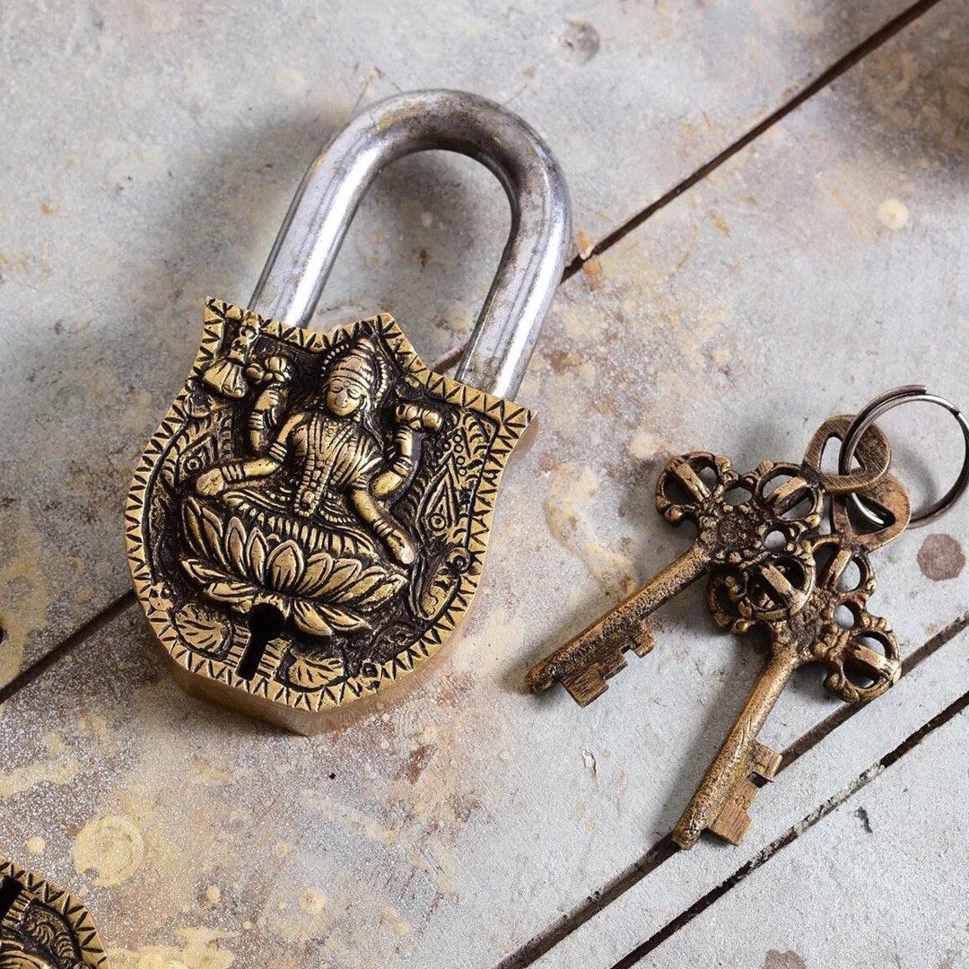 Brass Goddess Laxmi Design Padlock With Keys, Handcrafted Functional ...