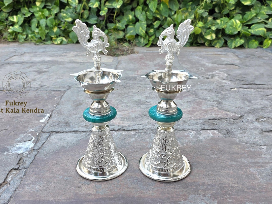 12" Diya Stand Pair German Silver Kuthu Vilakku Peacock Fine ...