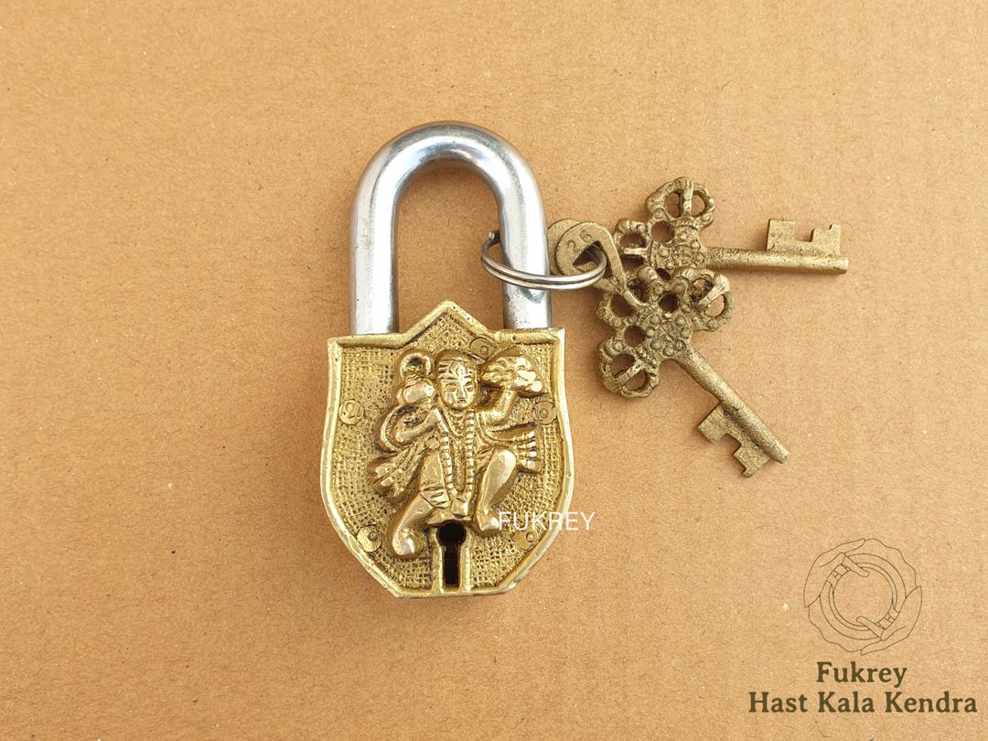 Brass Lord Hanuman Design Padlock With Keys, Handcrafted Functional ...