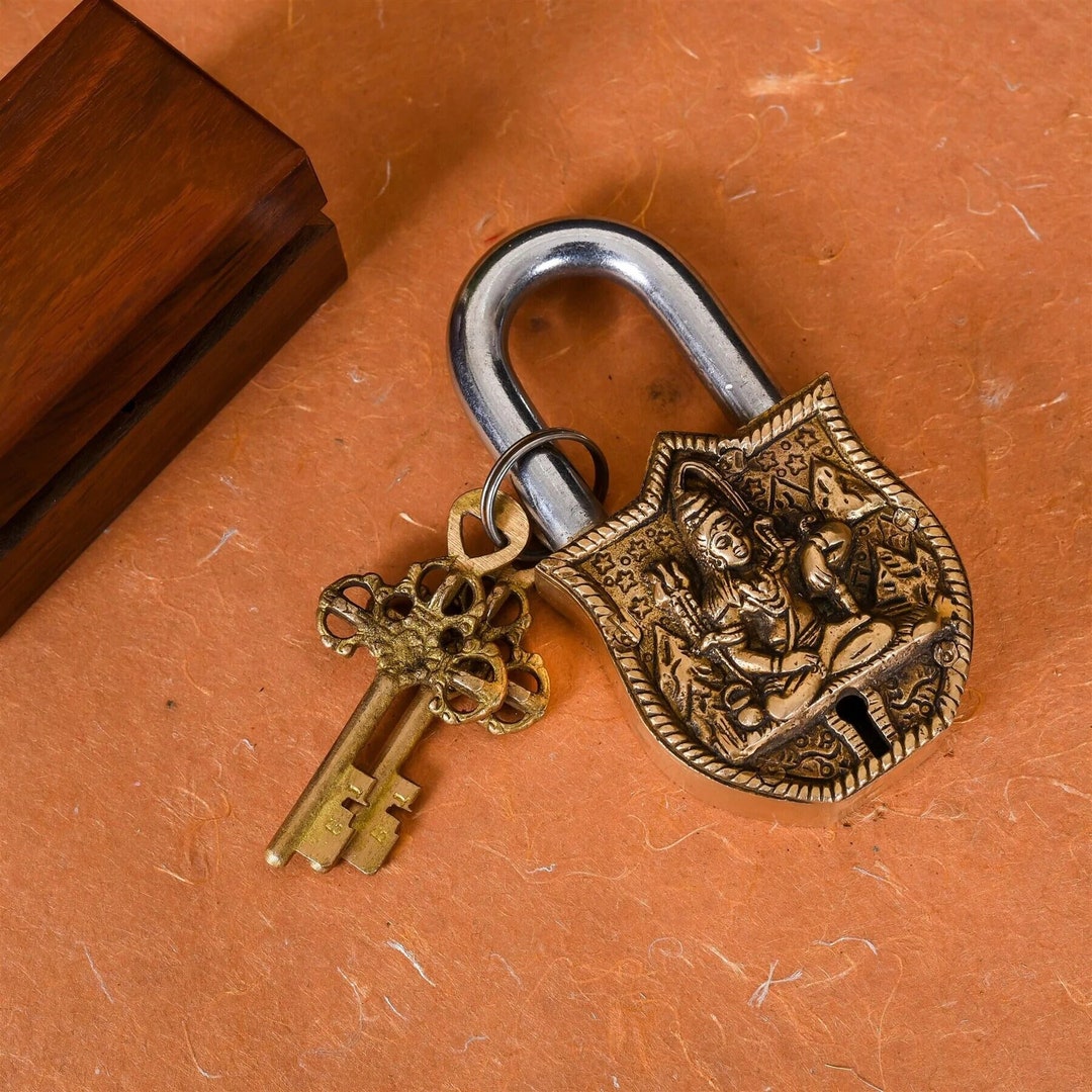 Brass Lord Shiva Design Padlock With Keys, Handcrafted Functional ...