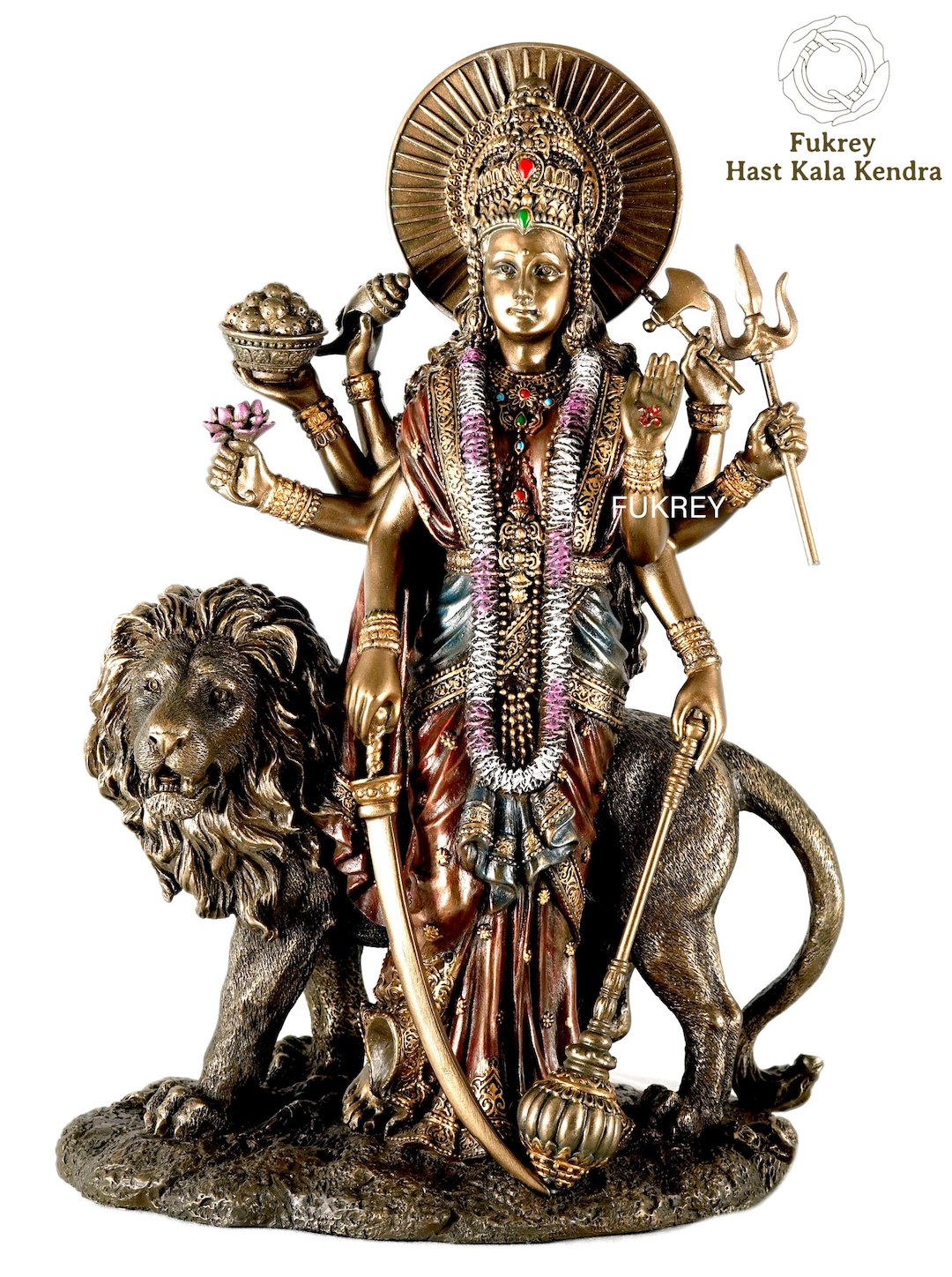 11" Standing Durga Statue, Bonded Bronze Goddess Durga Idol With Lion ...