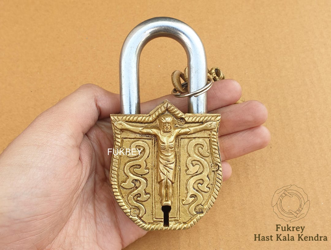 Brass Jesus Christ Design Padlock With Keys, Handcrafted Functional ...