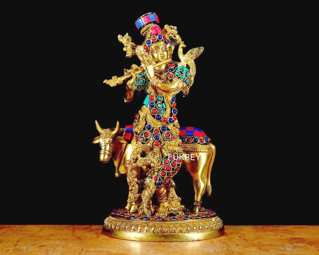 10" Brass Cow Krishna Statue, Lord Krishna Idol With Cow, Krisna ...