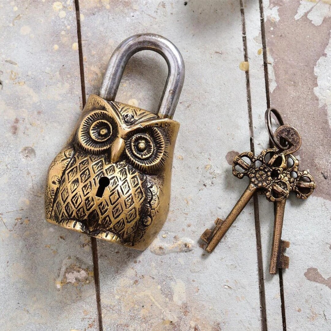 Brass Owl Design Padlock With Keys, Indian Handcrafted Functional ...