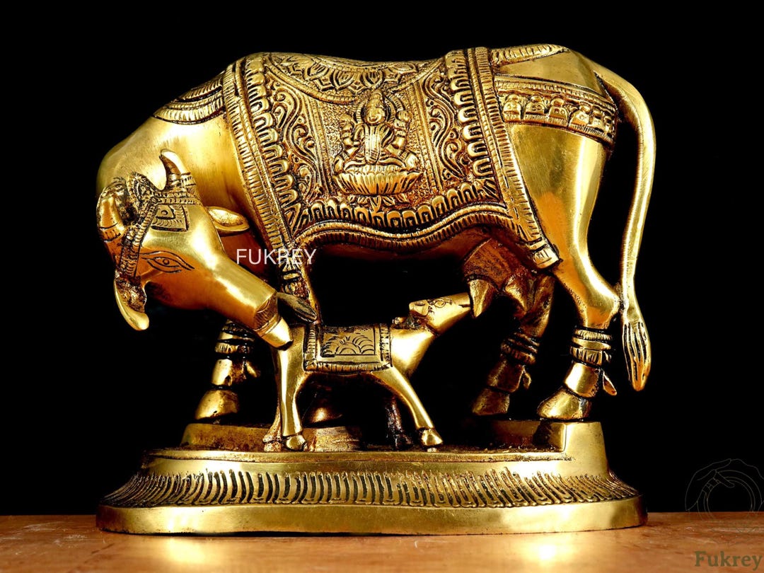 Brass Kamdhenu Cow Calf Statue With God Lakshmi Ganesha Kamadhenu Cow ...