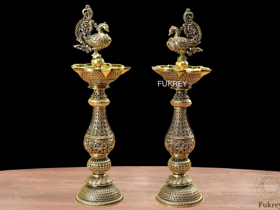 8" Superfine Brass Diya Stand Pair Kuthu Vilakku Fine Hand Carving ...