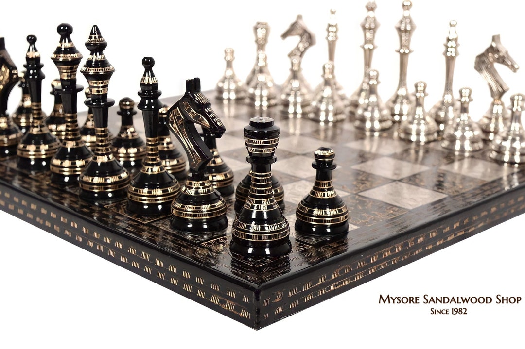 14 Brass Metal Chess Board Game Set, Modern Classic Hand Carved With ...