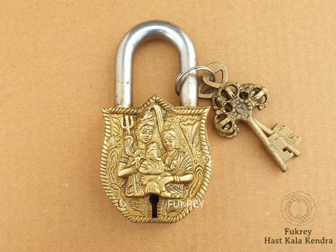 Brass Lord Shiva Family Design Padlock With Keys, Handcrafted ...