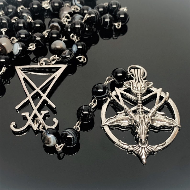 Black Natural Striped Agate Bead Satanic Rosary With Silver Toned ...