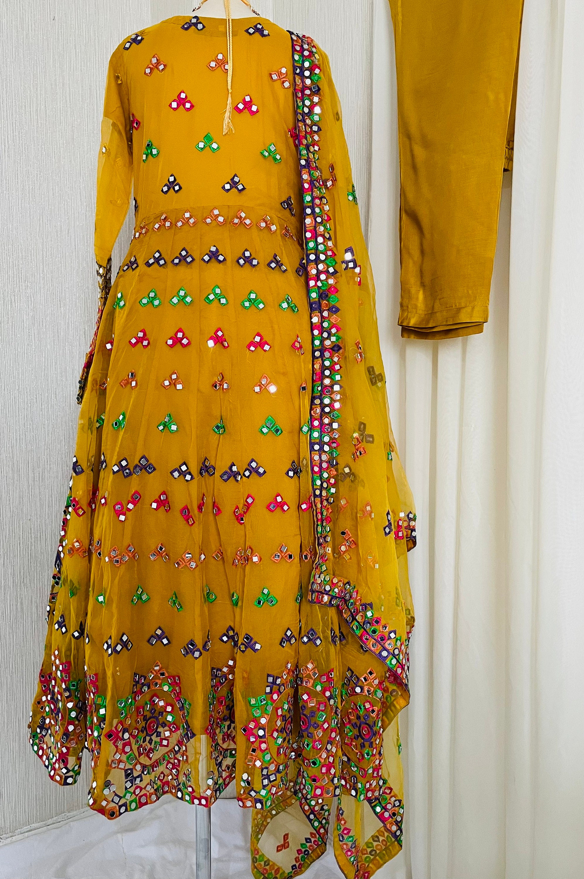 Beautiful Multy Embroidered Frock With Mirror Work on Mustered Yellow ...