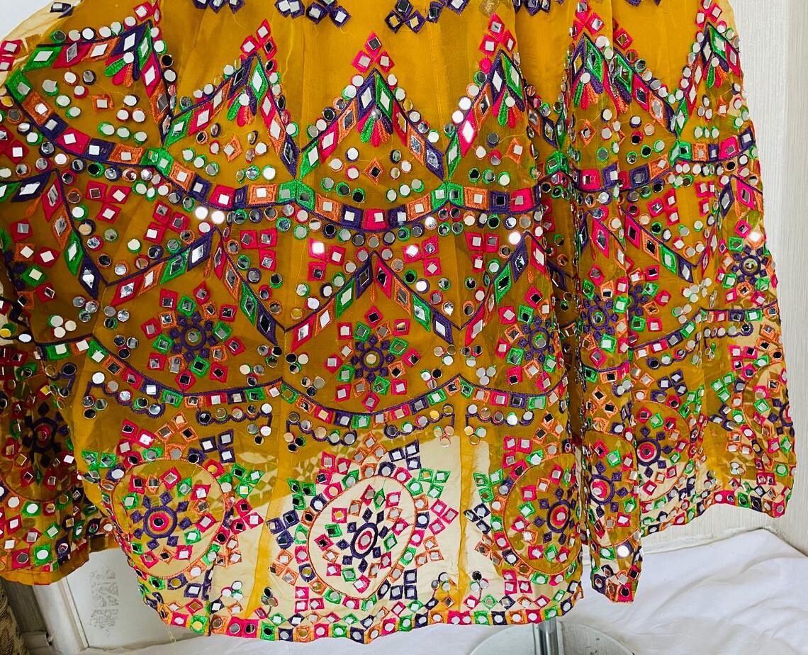 Beautiful Multy Embroidered Frock With Mirror Work on Mustered Yellow ...