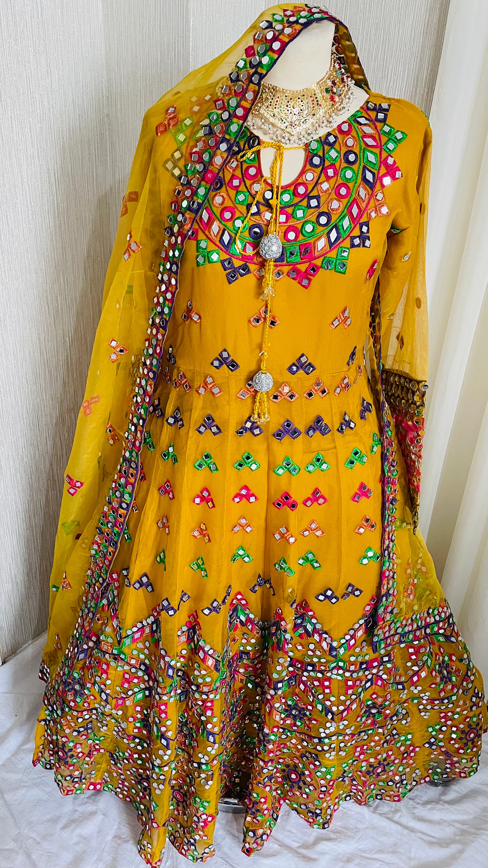 Beautiful Multy Embroidered Frock With Mirror Work on Mustered Yellow ...