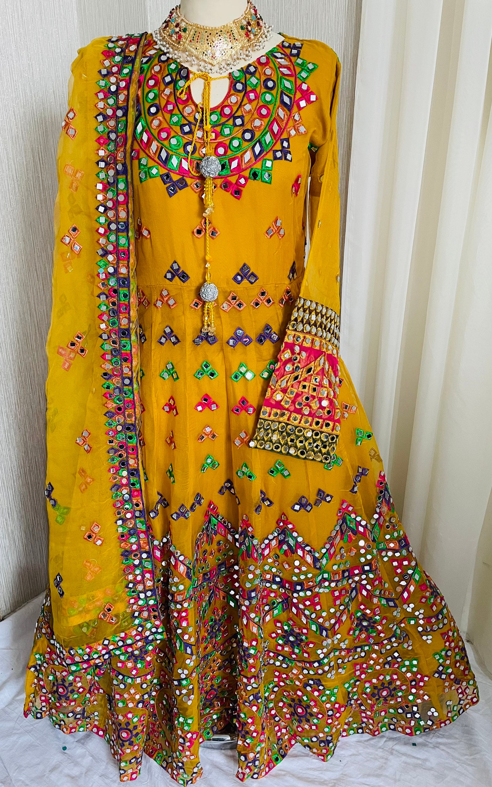 Beautiful Multy Embroidered Frock With Mirror Work on Mustered Yellow ...