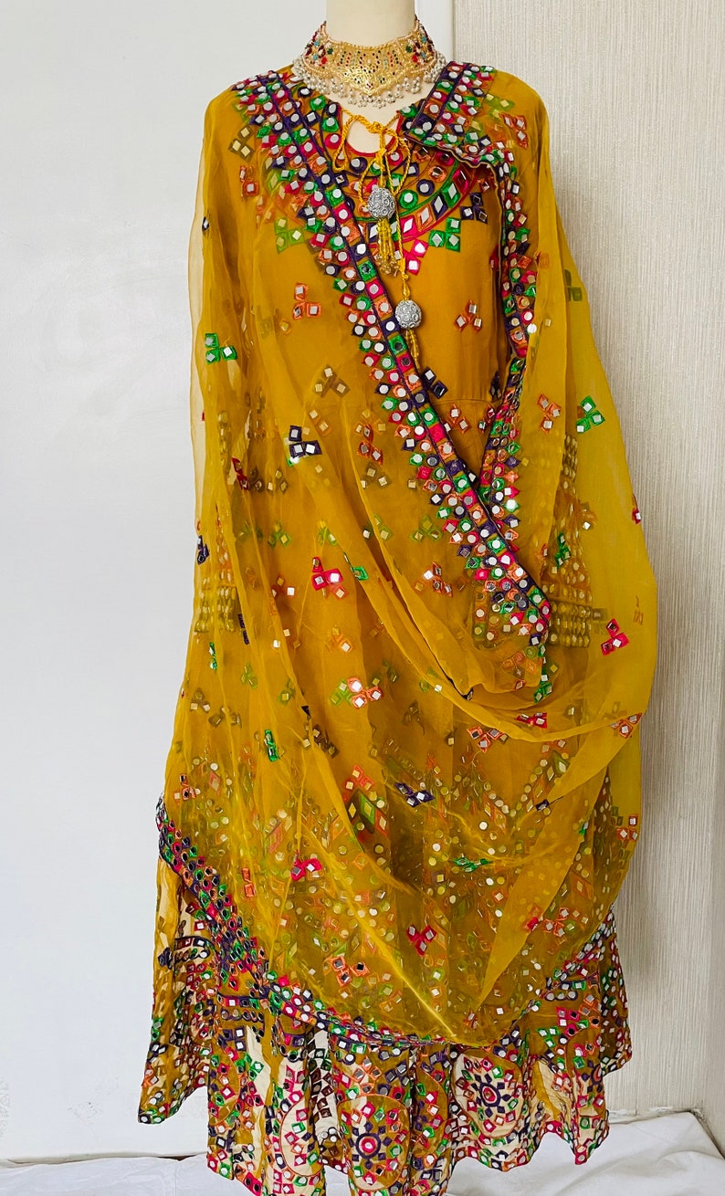 Beautiful Multy Embroidered Frock With Mirror Work on Mustered Yellow ...