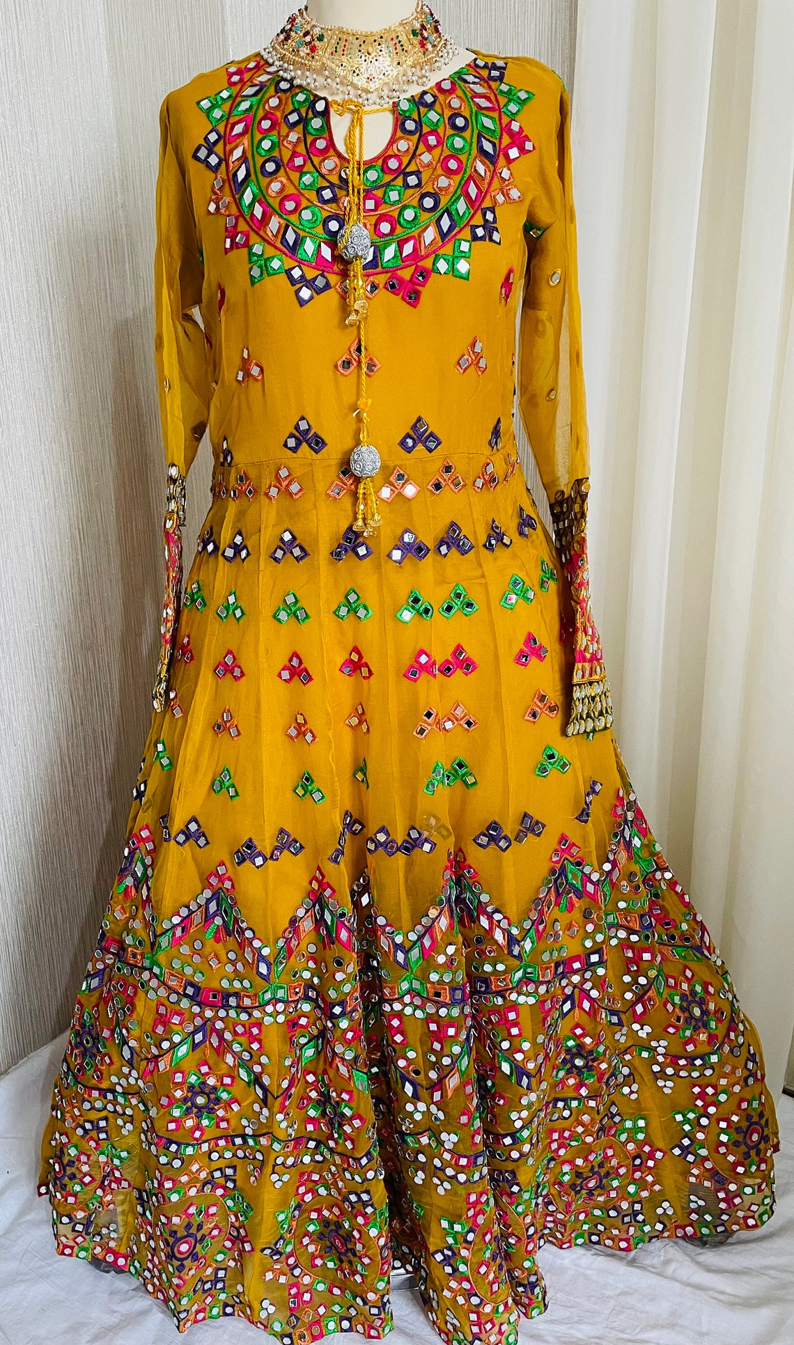 Beautiful Multy Embroidered Frock With Mirror Work on Mustered Yellow ...