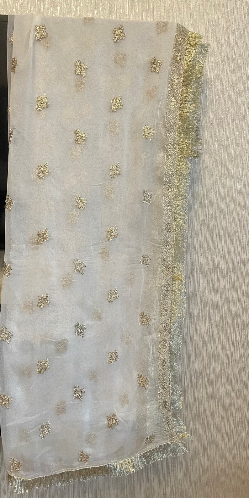 Golden Embroidery Dupatta With Kiran Lace on Pure Chiffone X Large. - Etsy
