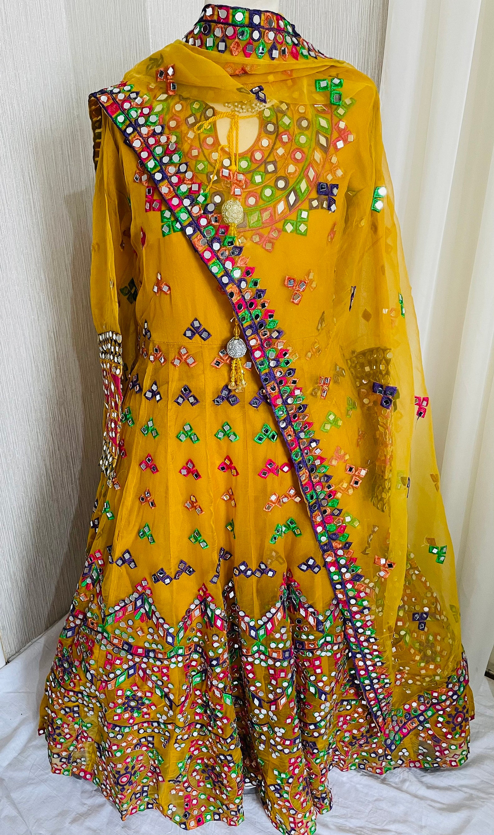 Beautiful Multy Embroidered Frock With Mirror Work on Mustered Yellow ...
