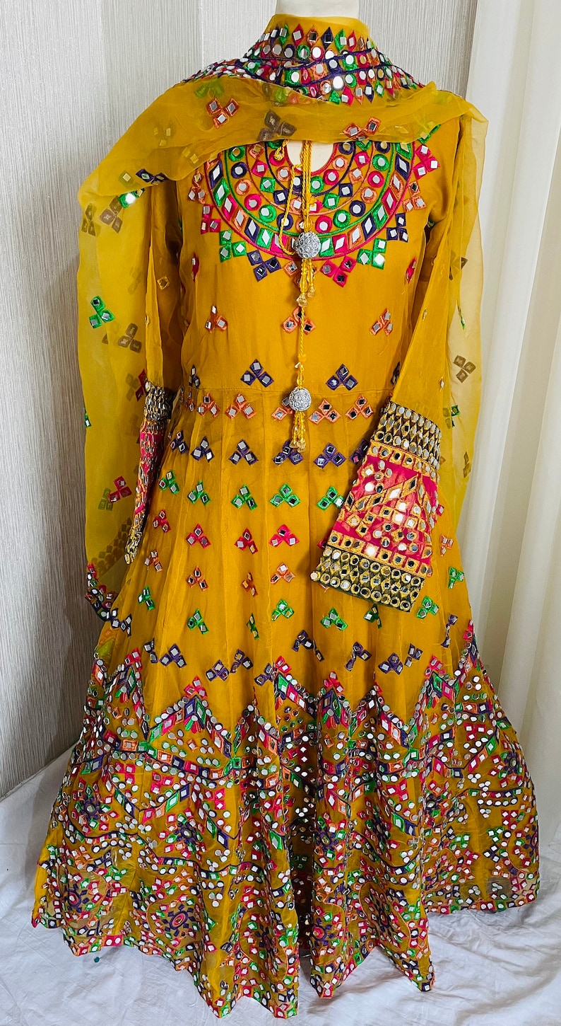 Beautiful Multy Embroidered Frock With Mirror Work on Mustered Yellow ...