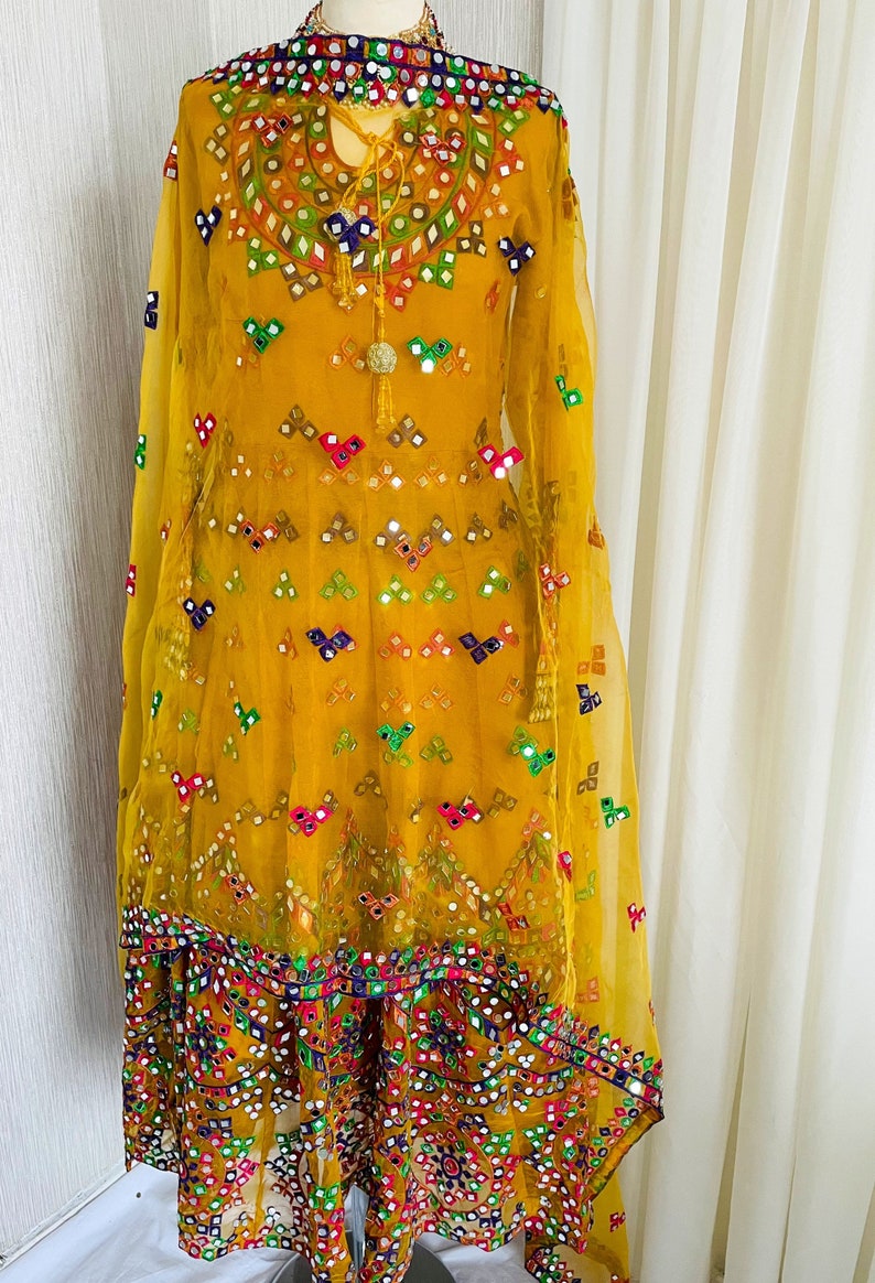 Beautiful Multy Embroidered Frock With Mirror Work on Mustered Yellow ...