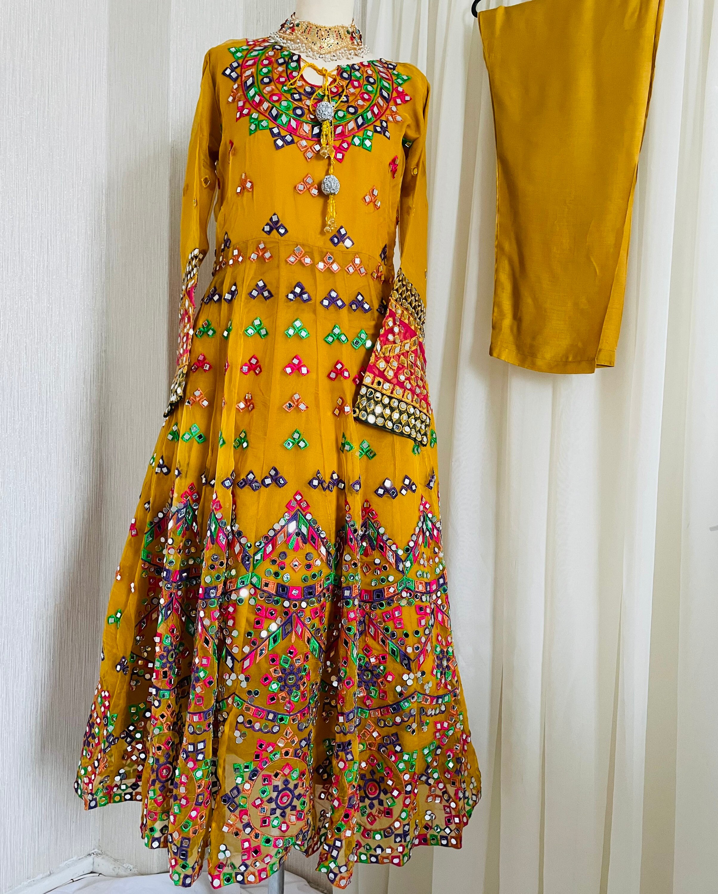 Beautiful Multy Embroidered Frock With Mirror Work on Mustered Yellow ...