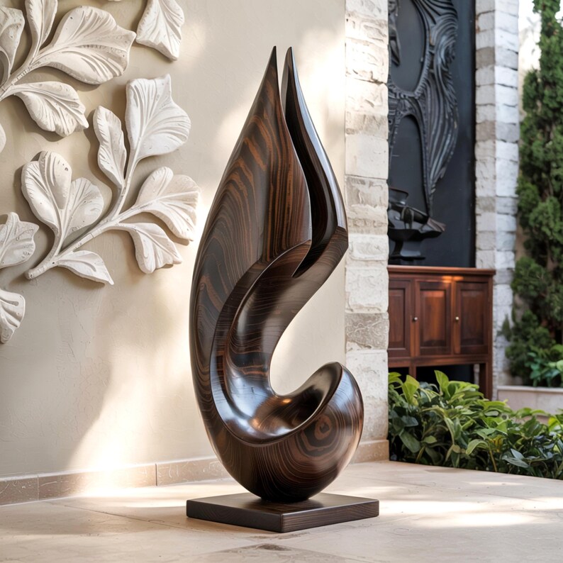Tall Abstract Wood Sculpture– Modern Hand-carved Flame Shape Art ...