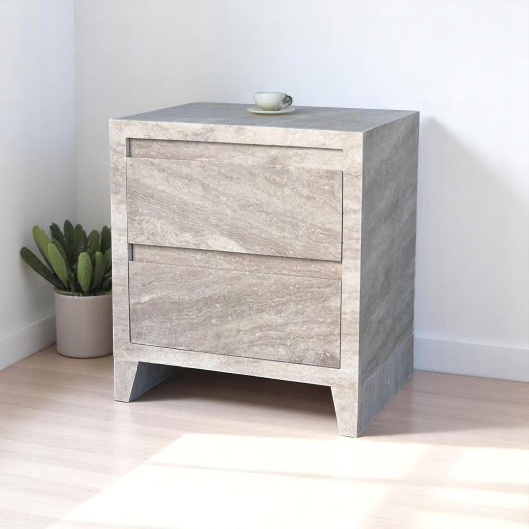 Travertine Marble Drawer Nightstand – Handmade Bedside Table, Bedroom ...
