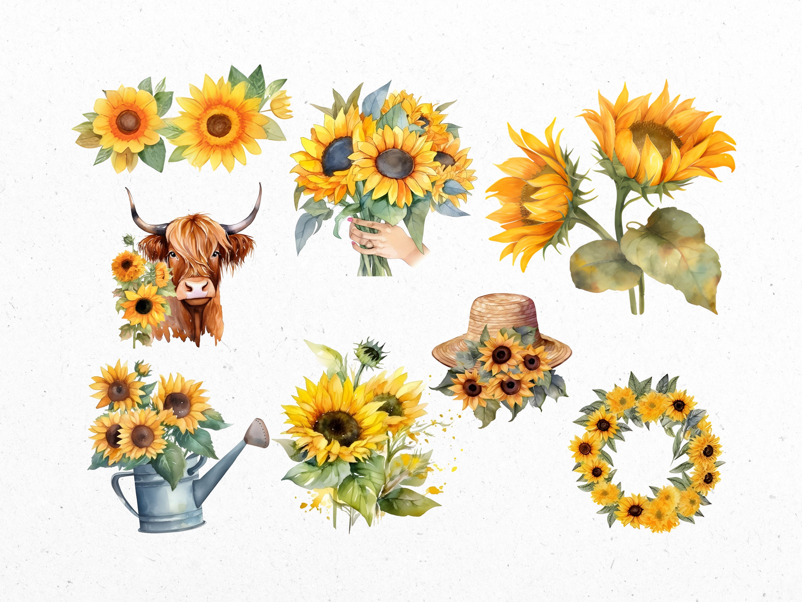 Sunflower Watercolor Clipart Bundle, PNG Image Bundle, Small Watercolor ...