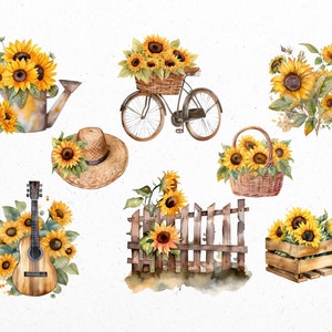 Sunflower Watercolor Clipart Bundle, PNG Image Bundle, Small Watercolor ...