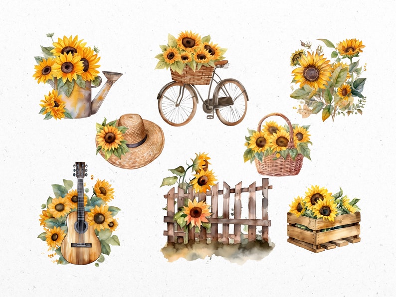 Sunflower Watercolor Clipart Bundle, PNG Image Bundle, Small Watercolor ...