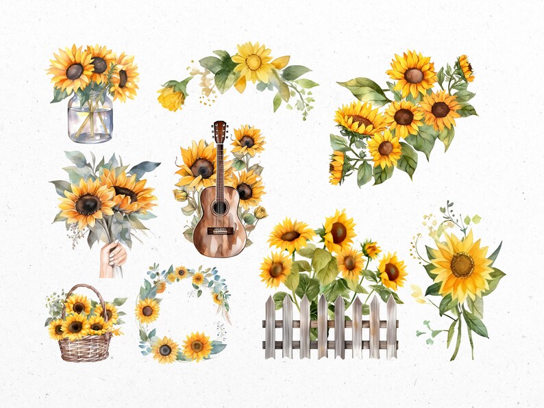 Sunflower Watercolor Clipart Bundle, PNG Image Bundle, Small Watercolor ...