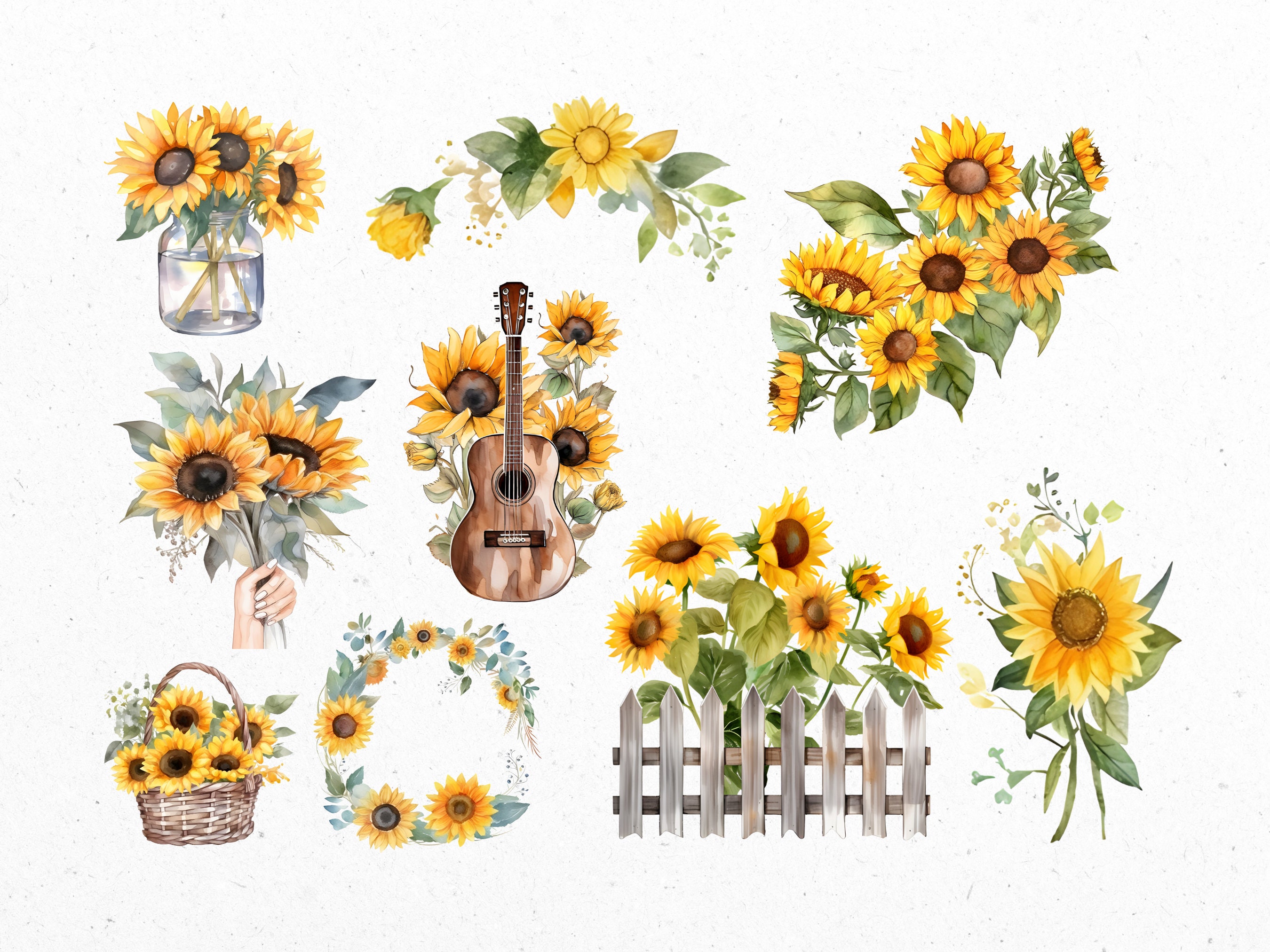 Sunflower Watercolor Clipart Bundle, PNG Image Bundle, Small Watercolor ...