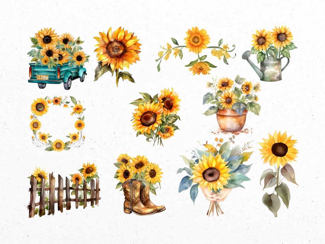 Sunflower Watercolor Clipart Bundle, PNG Image Bundle, Small Watercolor ...