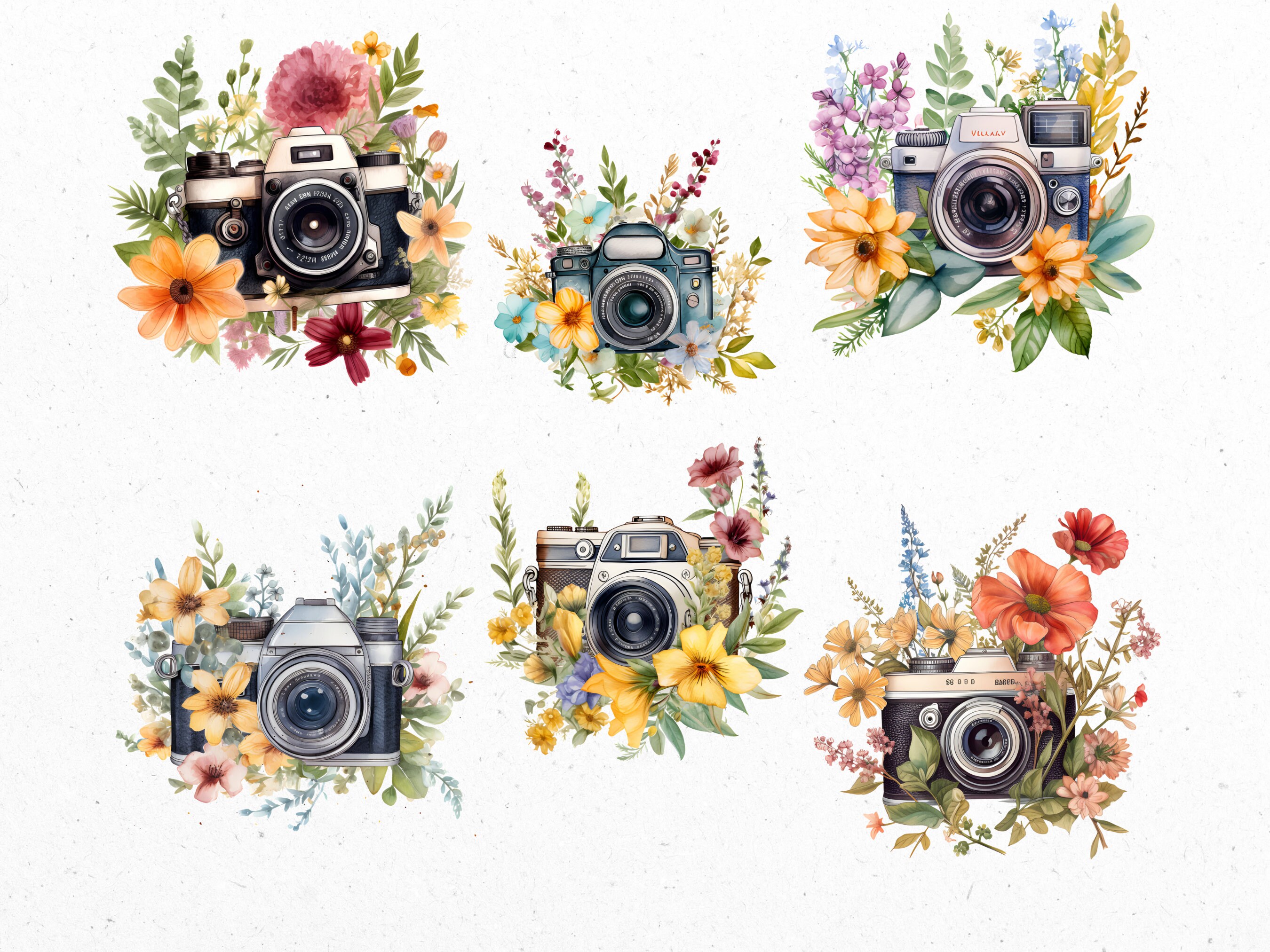 Floral Camera Watercolor Clipart Bundle, PNG Image Bundle, Small ...