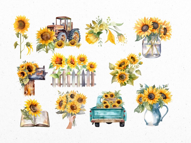 Sunflower Watercolor Clipart Bundle, PNG Image Bundle, Small Watercolor ...