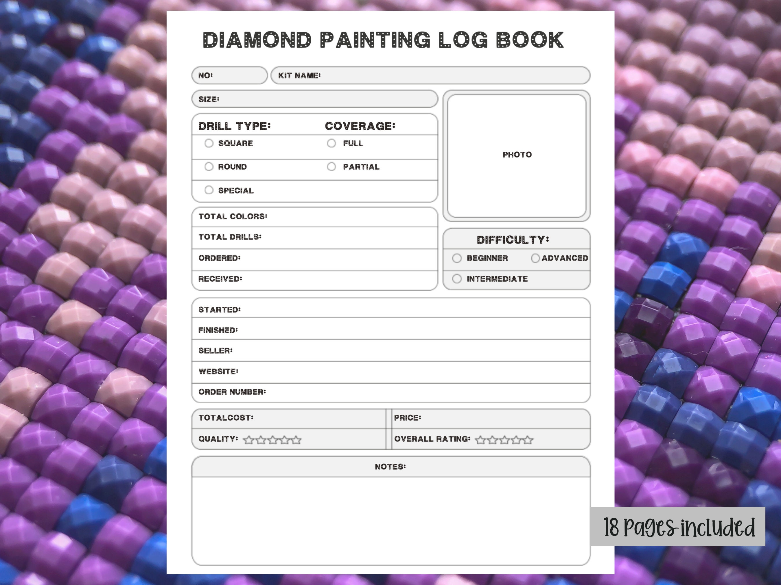 Diamond Painting, Printable Digital Diamond Painting Log Book, Diamond ...