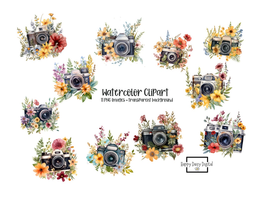 Floral Camera Watercolor Clipart Bundle, PNG Image Bundle, Small ...